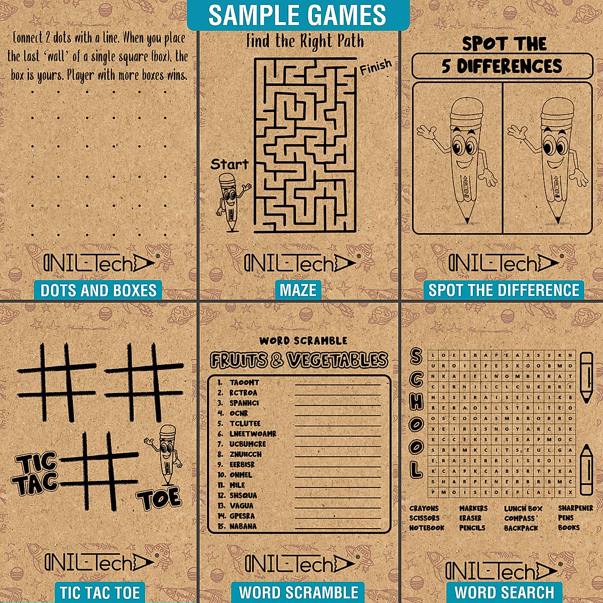 Kids Brown Paper Bags - Lunch Notes for Kids via Printed Jokes and Games Eco Friendly Food Safe 50pc Kraft Paper Lunch Bags for Everyday Lunch, Snack, Sandwich- Biodegradable