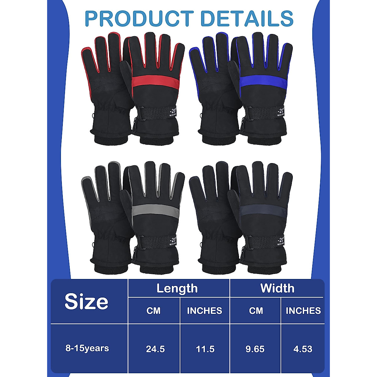Eurzom 4 Pairs Kids Winter Ski Snow Gloves Waterproof and Windproof Adjustable Gloves for Kids, 4 Colors (Red, Blue, Bright Blue, Gray, 8-15 Years)