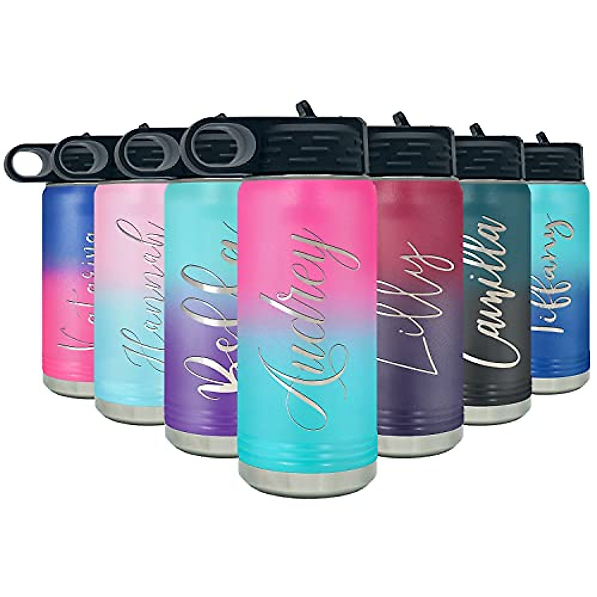 Personalized Bottle 20 oz with Straw Pink Blue Ombre Custom Laser Engraved Stainless Steel Vacuum Insulated Sport Bottle with Name
