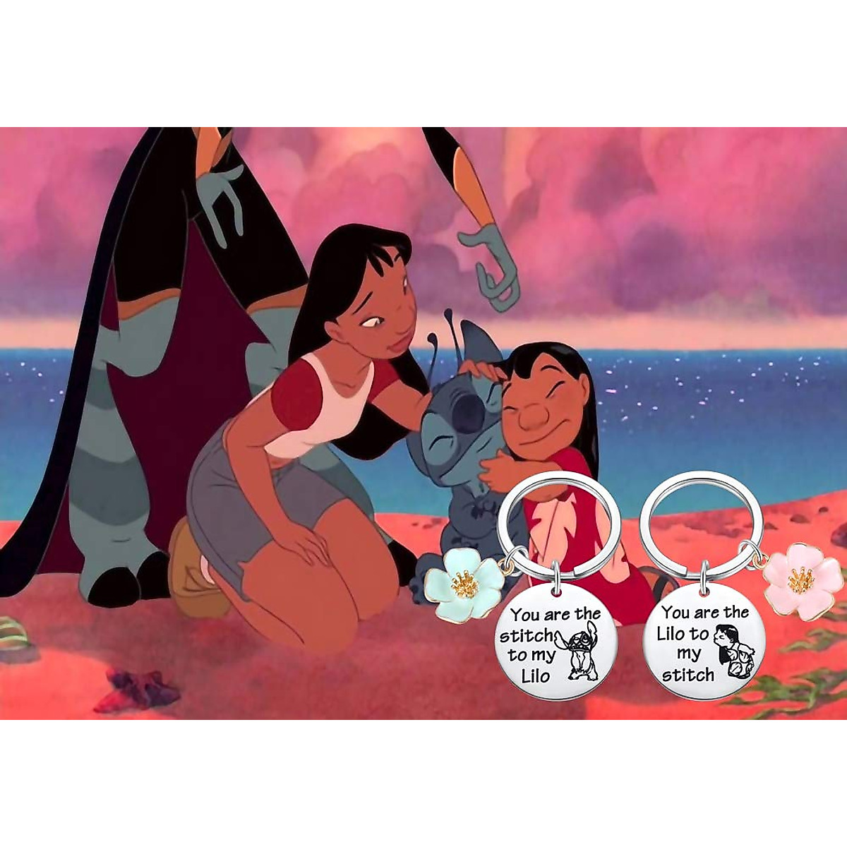 Stitch and Lilo Inspired Keychain Gift - You are The Lilo to My Stitch Keychains Cosplay Stich Jewelry Blue Pink Hibiscus Flowers Key Chains for Fans Collectors Friends Bestie BFF Keyring (2 Pack)