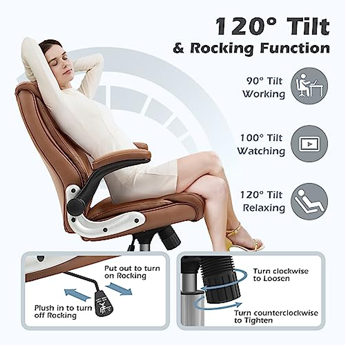 SEATZONE Executive Home Office Chair High Back PU Leather with Flip-up Armrests Adjustable Height and Lumbar Support, Comfortable Computer Chair for Adults, Red-Brown