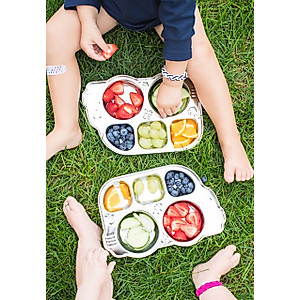 Innobaby Stainless Bus Plate with Airtight Sectional Lid, The Original, Leak-Resistant Divided Platter, Mom Invented Fun Shape Plate Din Din Smart for Babies, Toddlers and Kids, BPA Free Plate, Blue