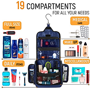 Travel Toiletry Bag for Men and Women - Large Hanging Toiletry Organizer - Waterproof Hygiene Bag with Metal XXL Swivel Hook, with YKK Zippers and 19 Compartments for Toiletries, Makeup, Cosmetics
