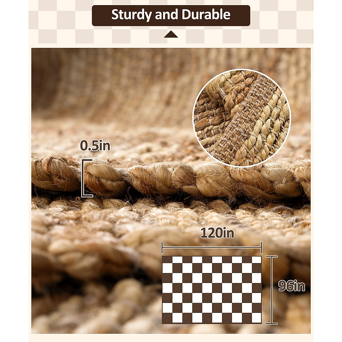 SUMGAR Neutral 100% Jute Rug 8x10 Ft Hand Woven Boho Area Rug Fiber Braided Checkered Large Carpet Home Decor for Living Room Bedroom Dining Room