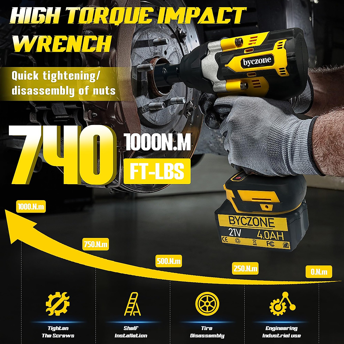 1000N.m(740Ft-lbs) Cordless Impact Wrench, 1/2 Inch High Torque Brushless 21V Electric Impact Gun w/ 2 x 4.0Ah Battery & Fast Charger & 6 Sockets, Pistola De Impacto for Home Car Tires Truck Mower