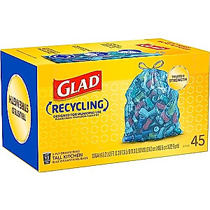 Glad Recycling Tall Drawstring Kitchen Trash Bags, Blue, 13 Gallon, 45 Count, Pack May Vary