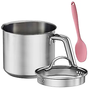 Stainless Steel Saucepan with Glass Lid, Multipurpose 1.5 Quart Sauce pan Sauce Pot with Straining Cover & Pour Spouts for Boiling Milk, Sauce, Gravies, Pasta, Noodles