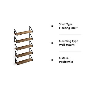 Wallniture Ponza Wood Floating Shelves for Wall Storage, Natural Burned Small Bookshelf Set of 5