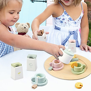 Wooden Tea Set for Little Girls - 20Pcs Tea Party Toys Set - Toddler Play Kitchen Accessories Play Food Toy for Kids Boys Girls