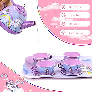 Motiloo 48Pcs Tea Set for Little Girls,Kids Pretend Toy Tin Tea Set and Carrying Case,Rainbow Magic Unicorn Design for Girls Princess Boys 3-6
