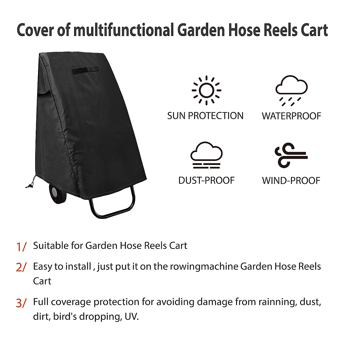 GEHENG Garden Hose Reel Cover, 420D Oxford Polyester Coated Tarp, 100% Waterproof, All Weather Use, for:Klz,Suncast,OB and More,Black.25.9" x24.8" x 34.6".