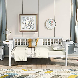 EPESTOEC Twin Size Daybed with Foldable Shelves on Both Sides,Wooden Sofa Bed for Bedroom Living Room/Apartment/Guest Room/Bedroom, White
