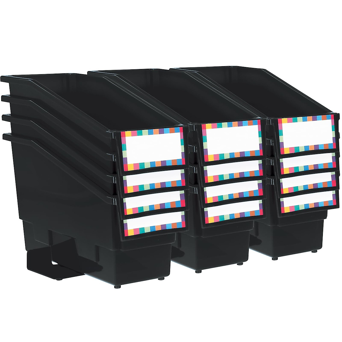 Really Good Stuff Non-Tip Book and Binder Holders, 5½” by 13½” by 7¾” (Set of 12, Black) Magazine, Folder Bins with Stabilizer Wings, Built-In Label Holder – Durable, Won’t Fall Over