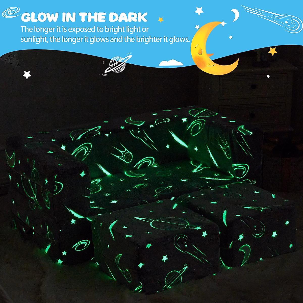 TELER Kids Couch Sofa Modular Toddler Couch, Glow in The Dark Sofa 3 in 1 Fold Out Kids Sofa with Washable and Durable Covers for Boys, Galaxy Stars