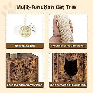 FavePaw Cat Litter Box Enclosure, Cat Tree with Litter Box Enclosure, Cat Litter Box Furniture with Cat Tree Tower and Condo, Indoor Cat House with Sisal Scratching Post and Soft Plush Perch, Brown