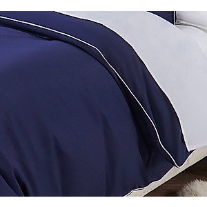 DAUAOTO Duvet Cover Full/Queen Set, Navy Blue Microfiber Bedding with Decorative White Piping, 1 Zipper Closure Cover + 2 Standard Shams