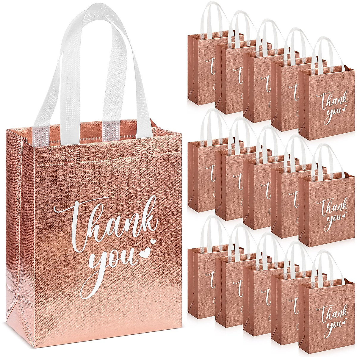 Sweetude 30 Pcs Thank You Gift Bags with Handles Bulk Reusable Goodie Bag Non Woven Foldable Handbag for Graduation Wedding Bridesmaid Gifts(10 x 8 x 4 Inch,Rose Gold)
