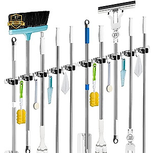 AceMining 3 Pack 5 Racks and 4 Hooks Broom and Mop Holder Wall Mounted Garage Organizer Storage Tool Racks Stainless Steel Heavy Duty Hooks Self Adhesive Solid Non-slip Wall Hangers…