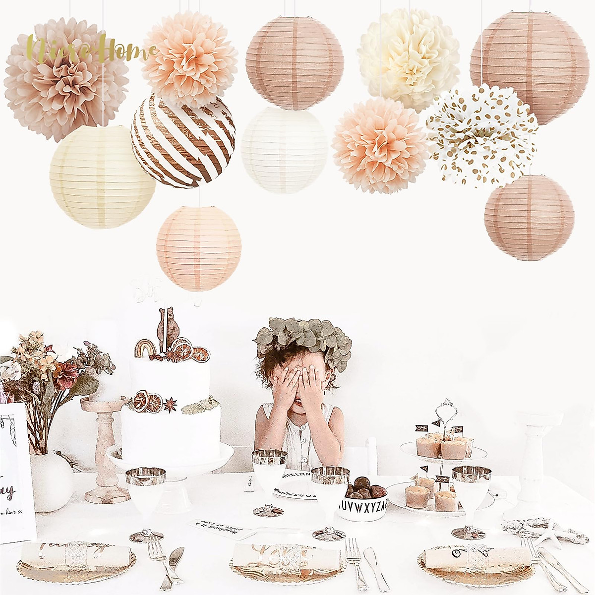 NICROHOME Wedding Decorations, 12 PCS Champagne Tissue Paper Pom Poms and Lanterns Set, Creamy White Paper Flowers for Engagement Receptions, Boho Bridal Showers Party Supplies