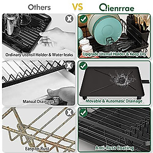 Qienrrae Dish Drying Rack with Drainboard Set, Stainless Steel Dish Drainers for Kitchen Counter, Dish Strainer with Utensil Holder, 360° Swivel Spout and Extra Dryer Mat, Black