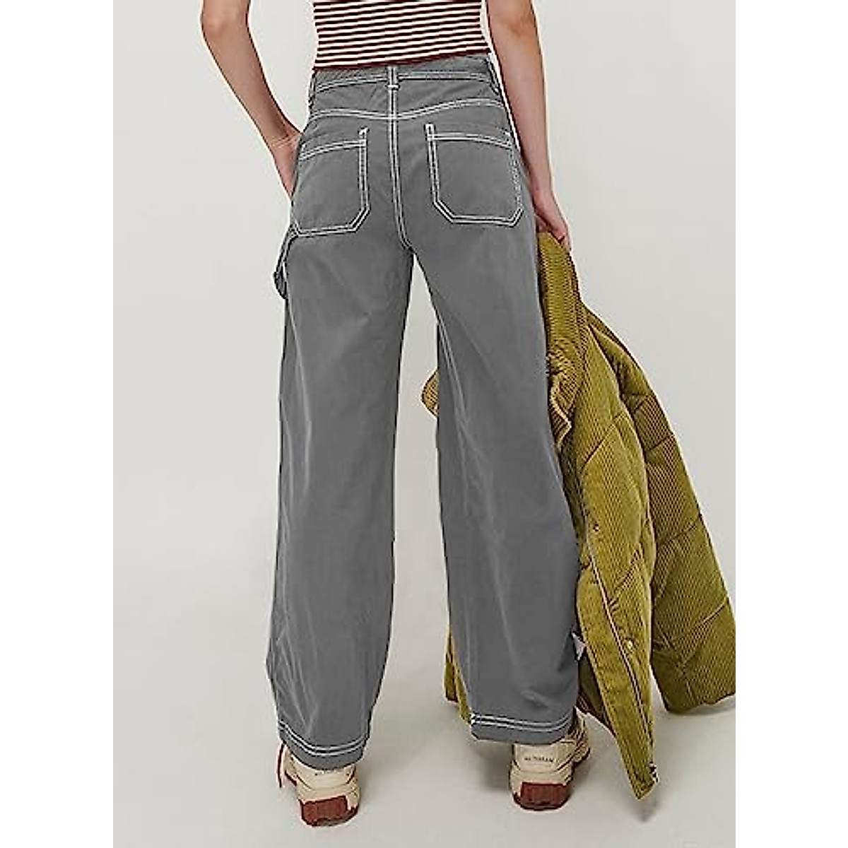 EVALESS Cargo Pants Women Baggy Casual High Waist Wide Leg Pants Fashion 2023 Y2K Street Contrast Stitching 5 Pockets Combat Military Trousers Gray US 6