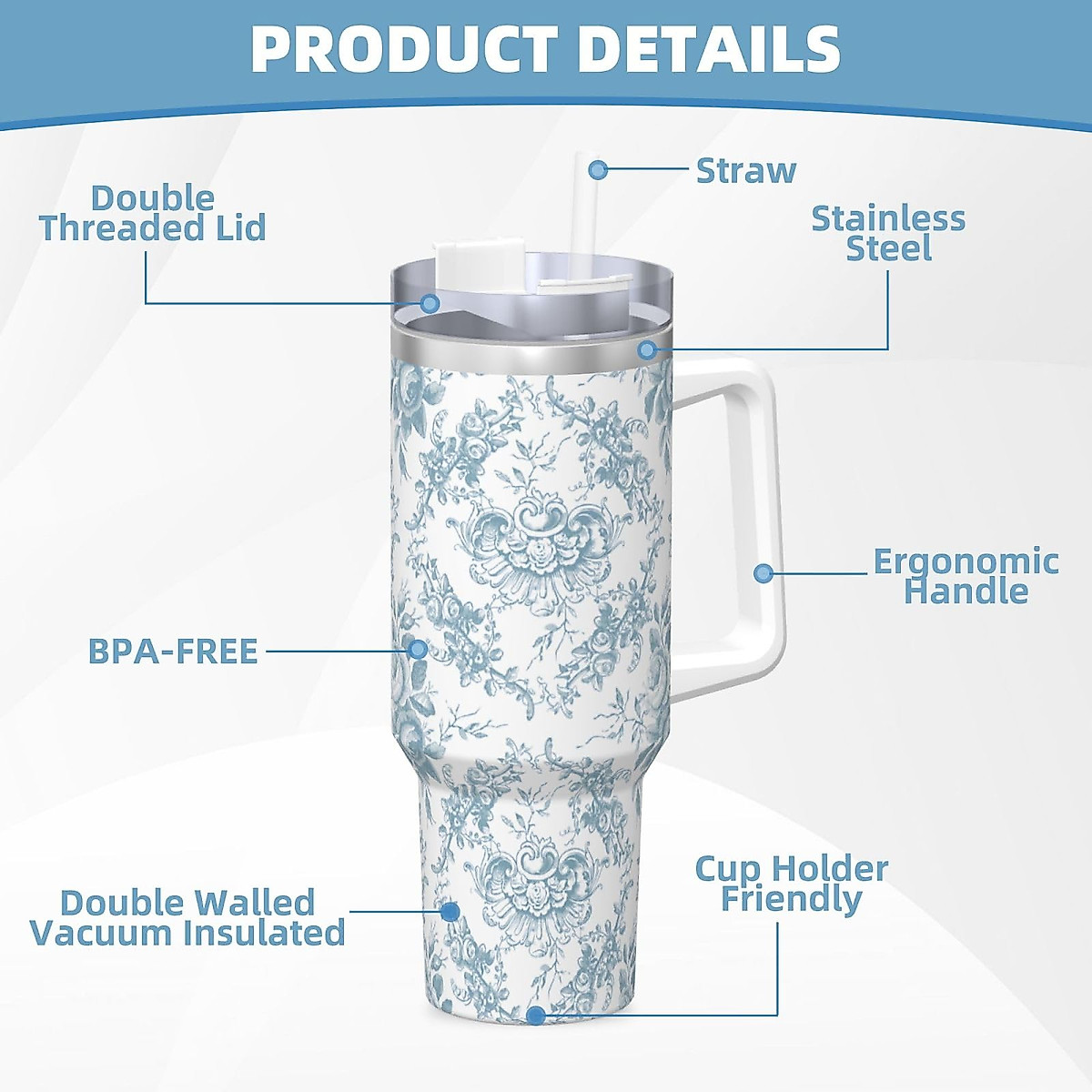 Elegant Engraved Blue And White Floral Toile 40 Oz Tumbler With Handle & Leak-Proof Lid – Car Cup Holder Friendly Hot/Cold Vacuum Insulated Stainless Steel Travel Mug Large Coffee Water Bottle For Car