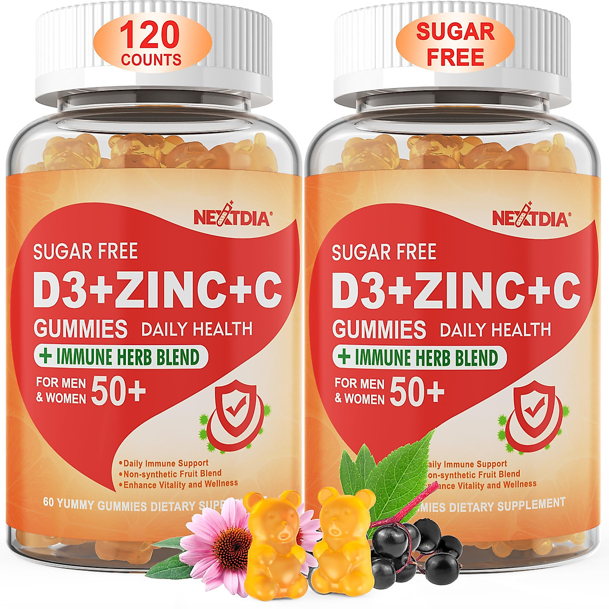 Sugar Free Vitamin C + D3 + Zinc Gummies for Adults 50 +, 9 in 1 Immune Defense Supplement with D3 5000IU, Elderberry, Echinacea, Mullein Leaf for Boost Immunity, Power Antioxidant, Vegan (Pack of 2)