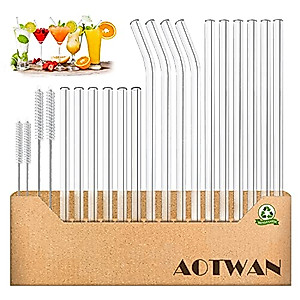 AOTWAN 20 Pack Glass Straws Drinking Reusable,Size 8.5''x10MM and 6''x10MM,Glass Straws Shatter Resistant Including 12 Straight and 4 Bent with 4 Brushes, Reusable Glass Straws for Cocktail,Juice