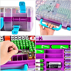 Battery Storage Organizer Case Holder Box with Tester, Double-Sided Batteries Fits for 269 Caddy Container AA AAA AAAA 3A 4A 9V C D Lithium 23A 4LR44 CR123A CR1632 CR2032 - Purple