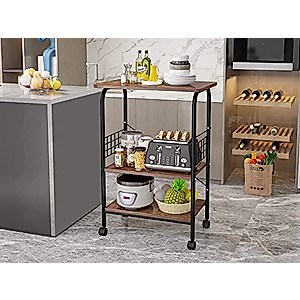 Kitchen Storage Shelf Rack Bathroom Shelf, 3-Tier DIY Storage Rack Multipurpose Shelf with Casters, for Kitchen, Living Room, Bathroom, Balcony, Rustic Look, Metal Wooden Combination (3-Shelf)