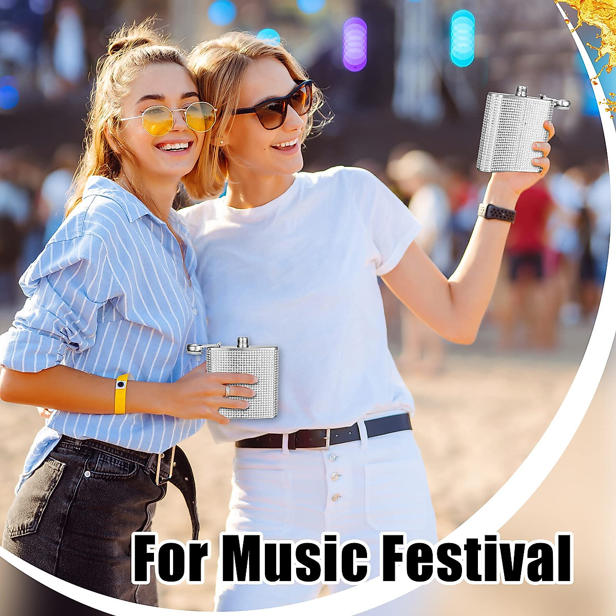 Yaomiao 2 Pcs Hidden Bottles for Women Creative Bangle Bracelet Bottle 3.5 oz 6 oz Rhinestone Water Bottle Diamond Bottles 304 Stainless Steel Hip Bottle Funnel Set for Girls Men (Silver)