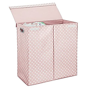 mDesign Extra Large Upright Double Laundry Hamper Basket with Hinged Lid and Handles - Portable and Foldable for Compact Storage in Baby Nursery, Kid Bedroom, Playroom - Pink/White Polka Dots
