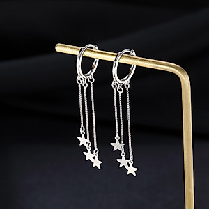 SLUYNZ 925 Sterling Silver Star Hoop Earrings for Women Star Dangle Earrings Hoop Tassel (A-Silver)