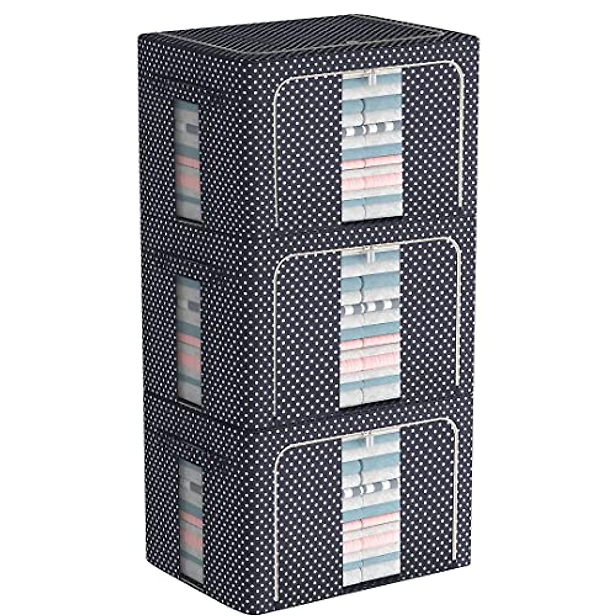 3 Pack Clothes Storage Organizer Bins Containers -Stackable Metal Frame Storage Bins Foldable Oxford Cloth Box for Clothing Storage with Clear Window & Reinforced Handles
