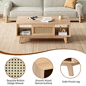PASBAS Coffee Table, Mid Century Modern Coffee Table with Rattan Drawer, Wood Coffee Table for Living Room, Rattan Living Room Table with Storage, Woven Wooden Coffee Table Support Up to 110 LBS