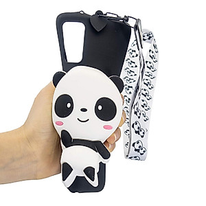 Yewos Case Compatible with Oneplus Nord N10 5G,3D Cute Animals Pandas Cartoon Soft Black Silicone Wallet Case with Wrist Strap,Pretty Kawaii Funny Kids Teens Girls Shockproof Protective Cover