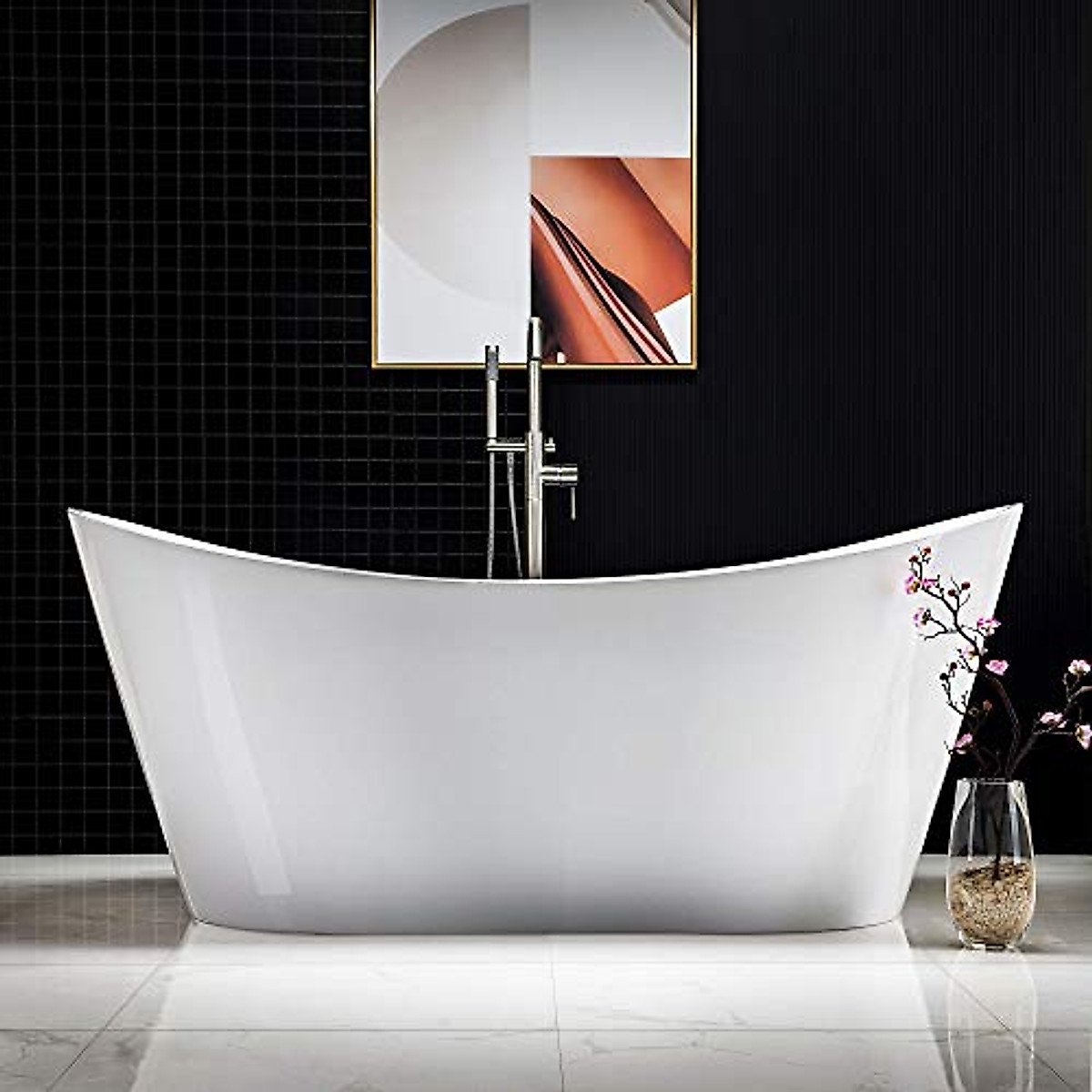 WOODBRIDGE 67" Acrylic Freestanding Bathtub Contemporary Soaking White Tub with Brushed Nickel Overflow and Drain，B-0010