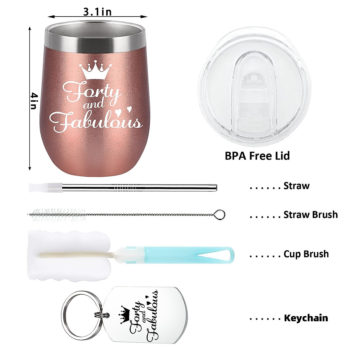 Diztoud 40th Birthday Gifts Women, Forty and Fabulous, 40th Birthday Decorations, Funny 40 Year Old Birthday Gifts for Her, Sister, Best Friends, 12oz Stainless Steel Wine Tumbler, Keychain and Box