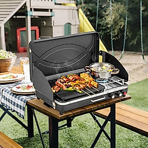 Giantex 2-in-1 Gas Camping Grill and Stove, Portable Propane Grill Burner with Dual Control Knobs, Detachable Legs, 3-Sided Wind Screen, Gas Hose with Regulator, 20,000 Total BTUs (Black)