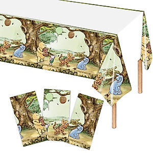 AURORAPARTY 3pcs Vintage Bear Tablecloth Baby Shower Table Cover 1st 2nd 3rd Watercolor Forest Birthday Party Supplies for Kids Boys Girls, Rectangle Plastic 54 x 108 Inches