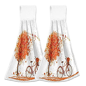 2 Pack Fall Maple Tree Bike Hanging Kitchen Towel with Loop Romantic Autumn Bicycle Hand Towels Soft Microfiber Coral Velvet Dish Towel for Bathroom Washcloth Absorbent Tie Towel
