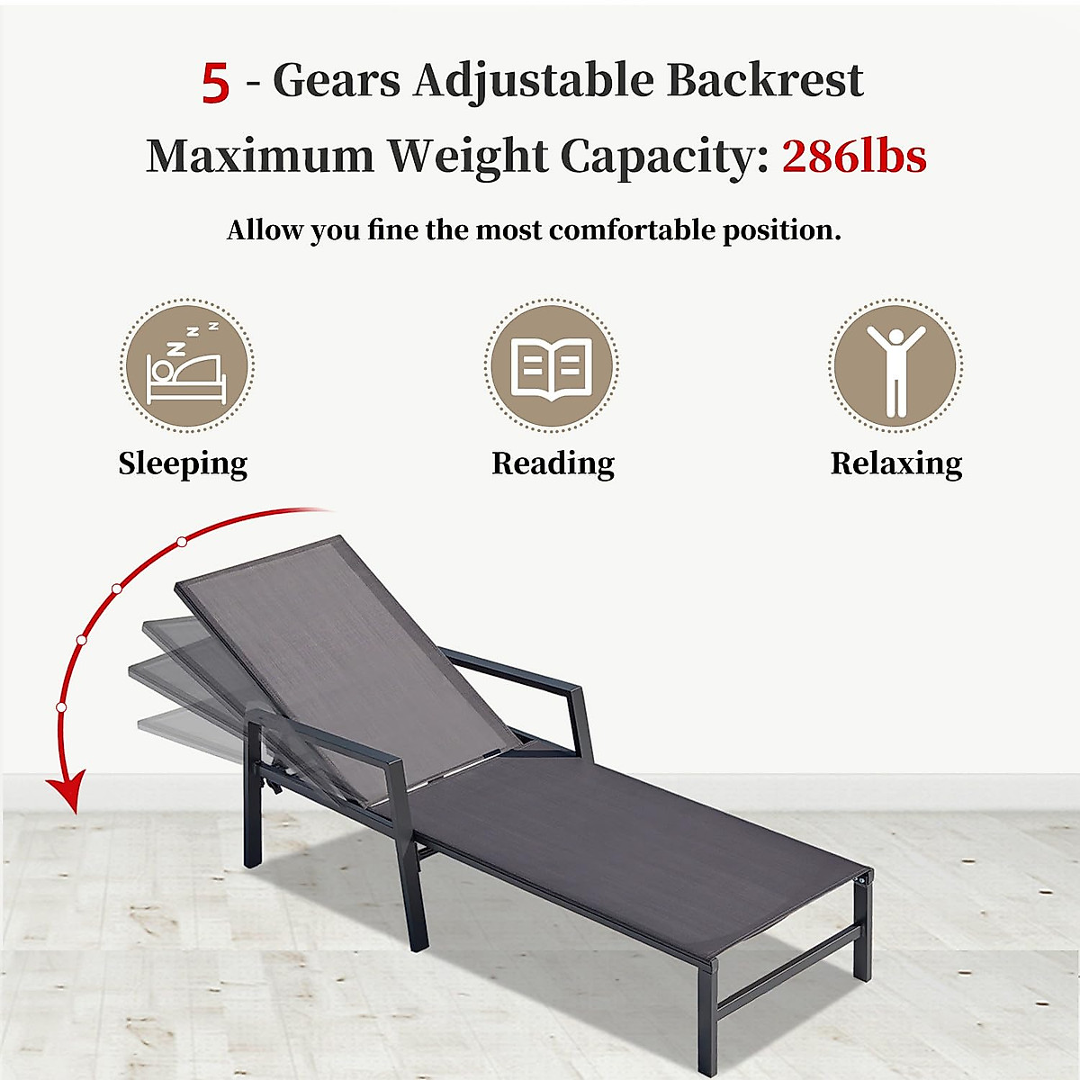 VARVIND Outdoor Patio Lounge Chair Set of 2, Aluminum Chaise Lounge Outdoor with 5 Adjustable Backrest Positions, Outdoor Patio Chaise Lounge Chairs Suitable for Backyard, Balcony, Poolside (Grey)