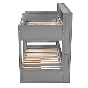 SOFTSEA Twin Over Twin Bunk Bed with Storage Shelves and Drawers, Solid Wood Bunk Bed Frame with Guardrails and Built-in Ladder for Kids, Twin Size Bunk Bed for Bedroom, Gray