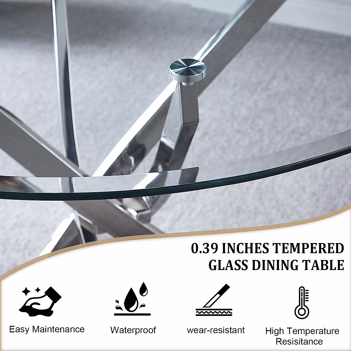 36" Round Dining Table for 4, Glass Kitchen & Dining Room Tables, Modern Circle Dining Room Table w/0.39" Tempered Glass Tabletop,Silver Finish Stainless Steel Legs for Dinner Small Space(No Chairs)