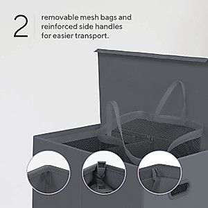 Double Laundry Hamper with Lid and Removable laundry Bags, Dirty Clothes Hamper - Collapsible Laundry Bin with 2 Compartment for Laundry Room, Bedroom, Bathroom, College Dorm, Oxford Collection, Grey