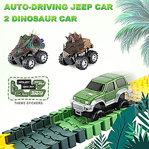 EpochAir Dinosaur Toys, 192pcs Create A Dinosaur World Road Race, Flexible Track Playset and 2 Pcs Cool Dinosaur Cars, 3pcs Dinosaurs for 3 4 5 6 7 8 Year Old Boys Girls Kids Best Birthday Gifts