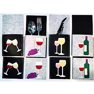 Wine Tasting Party Silverware Holders - 8 Pack Made of Sturdy, Colorful Felt with Fun Wine Bottle, Glass and Grape Images. Terrific for Entertaining or Book Club Hostess or House Warming Gift