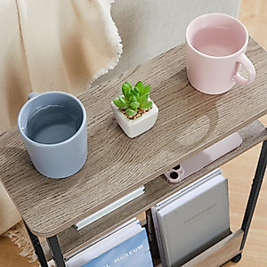 Vintage Narrow Side Table with Storage Shelf, 3 Tier Slim End Table Modern Sofa Table for Narrow and Small Spaces, 24.6 Inch Height Bedside Table Small Nightstand with Magazine Rack (Oak)