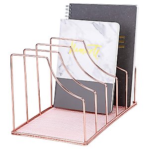 Simmer Stone File Sorter Organizer, 5 Section Magazine Holder Rack, Desktop Wire Book Stand for Mail, Paper, Document, Folder, Record and Desk Accessories, Rose Gold