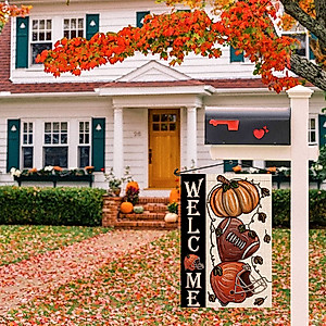 Fall Football Welcome Garden Flags 12x18 Inch Vertical Double Sided, Pumpkin Autumn Sports Game Day Sign Thanksgiving Seasonal Yard Outside Decor DF330